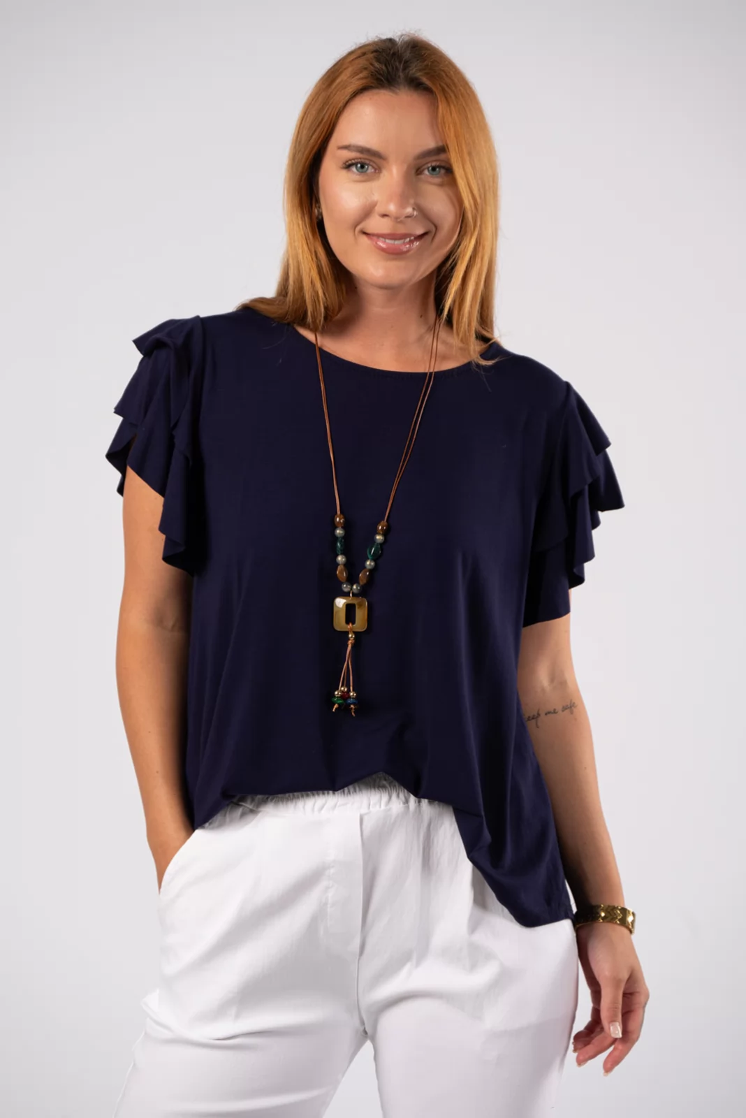 Μπλούζα Βολάν Κολιέ Navy Blue Μπλε | Marilyn Boutique