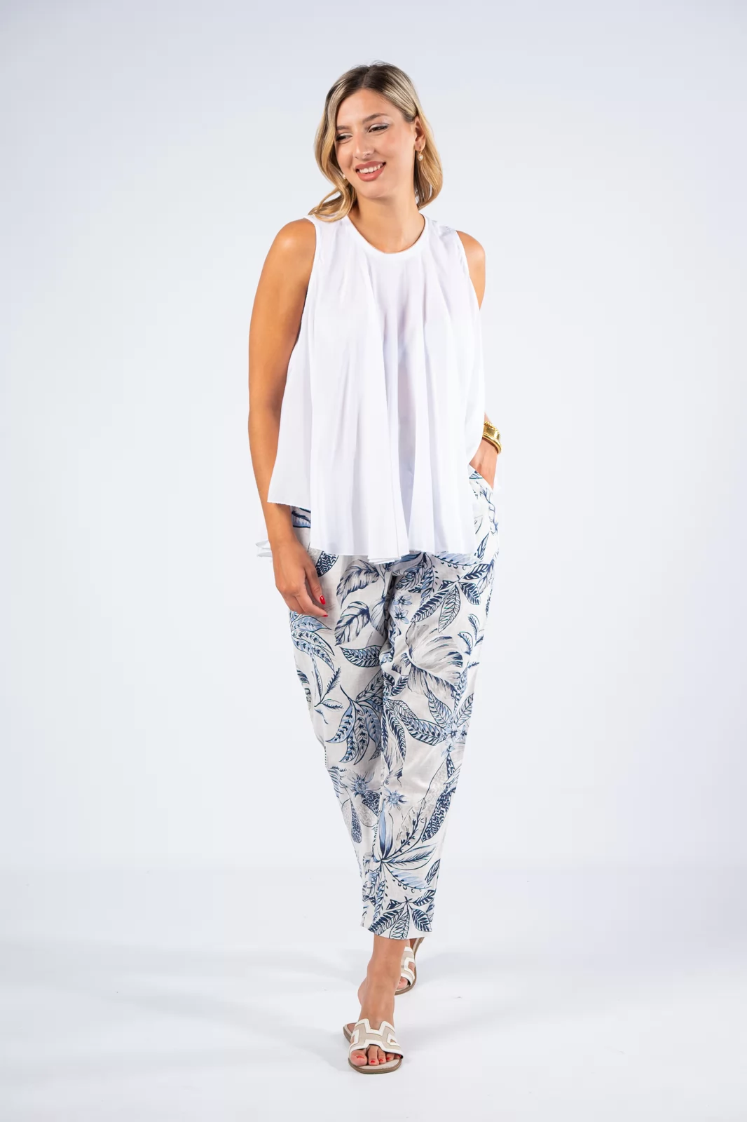 Παντελόνι Floral Navy-Λευκό Λευκό | Marilyn Boutique